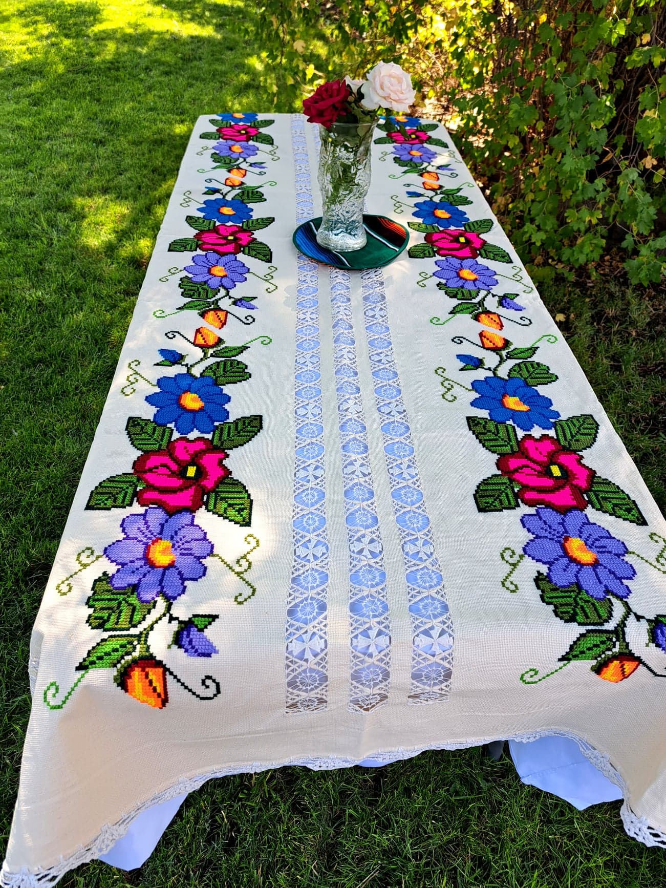Beautiful Cross-Stich Mexican Tablecloth- Grape & flowers design ...